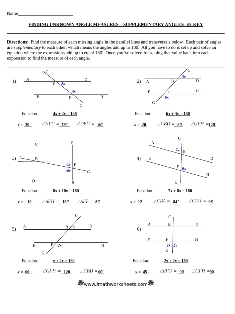 Finding Unkown Angle Measures 5 KEY | PDF | Elementary Mathematics ...