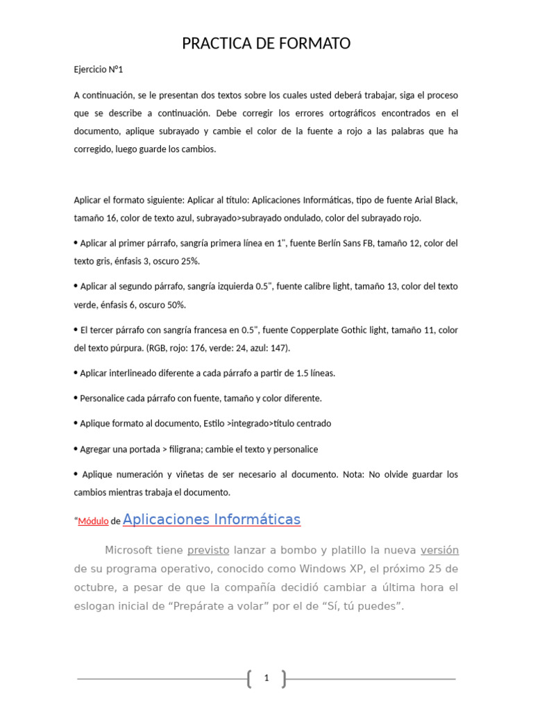Práctica de Formato en Documentos Textuales | PDF | Microsoft | Color