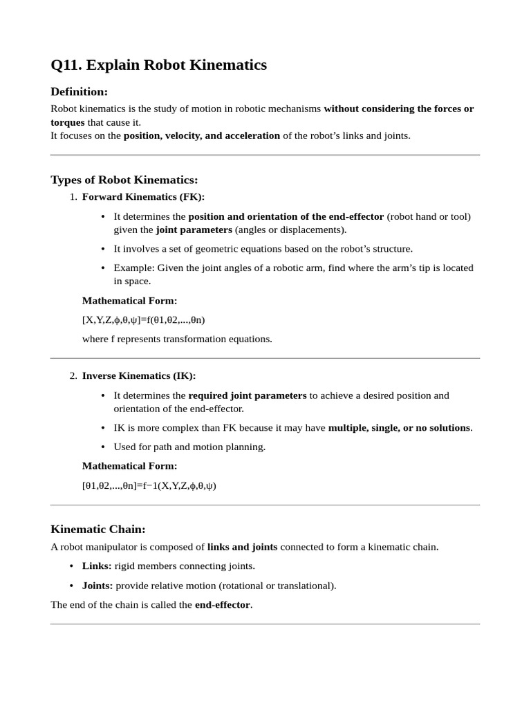 Q11. Explain Robot Kinematics: Definition | PDF
