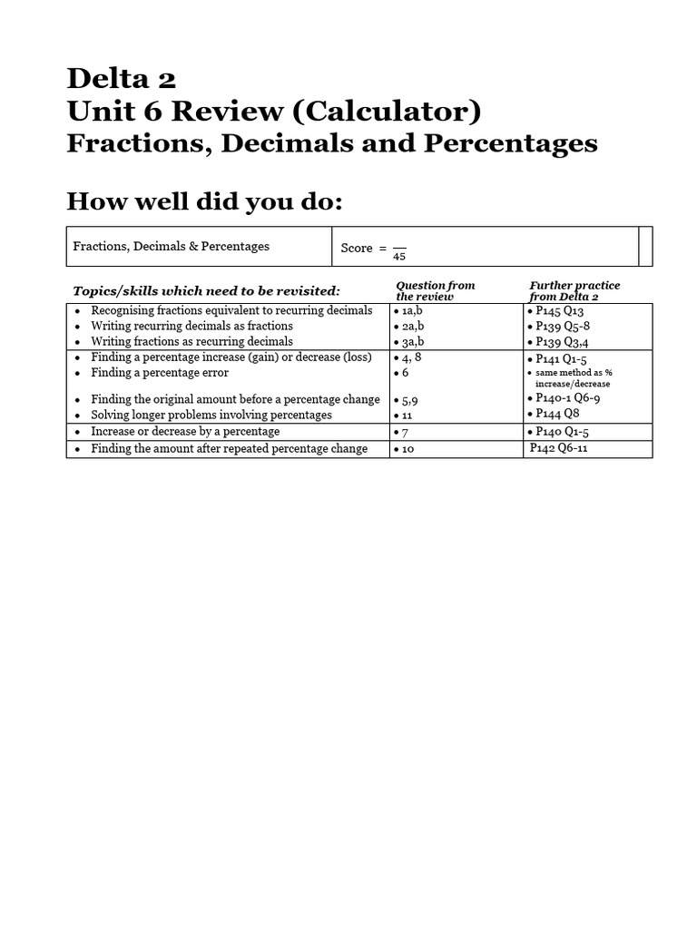 Delta 2 - Unit 6 Review | PDF | Percentage | Decimal