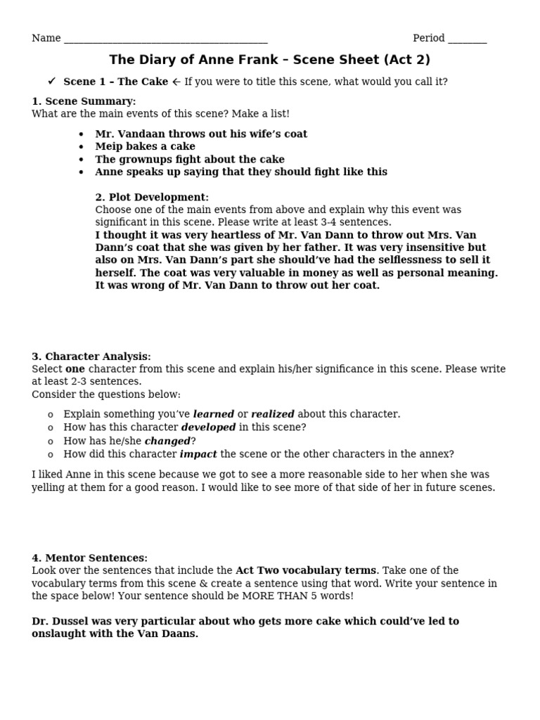 Anne Frank Act 2 Scene Analysis Sheet | PDF