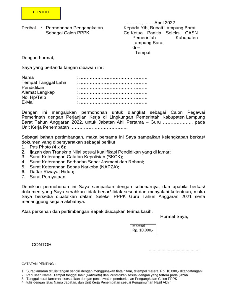 Contoh Surat Lamaran PPPK | PDF