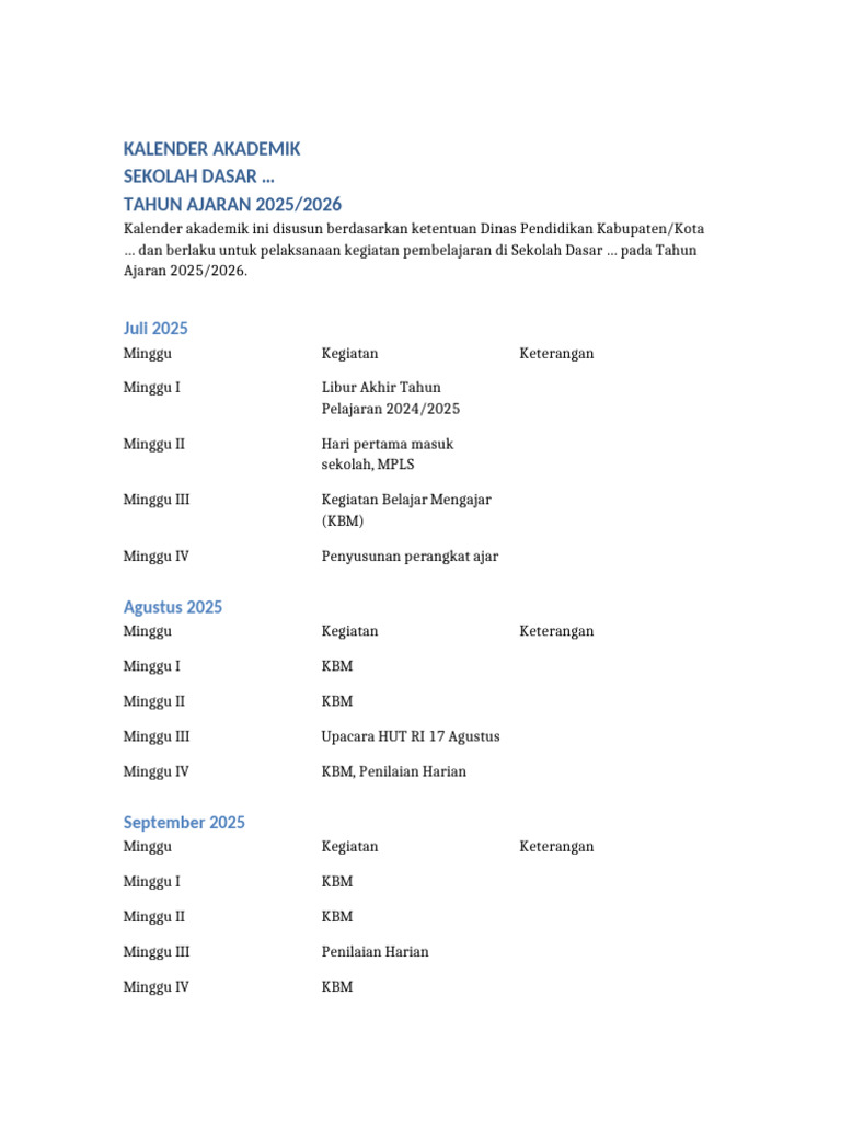 Kalender Akademik SD 2025/2026 | PDF
