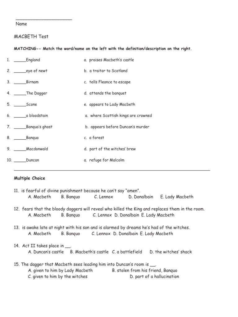 Macbeth Practice Test | PDF | Macbeth | Shakespearean Characters