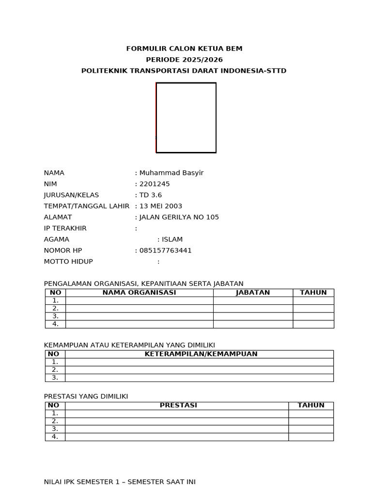 Formulir Calon Ketua BEM 2025/2026 | PDF