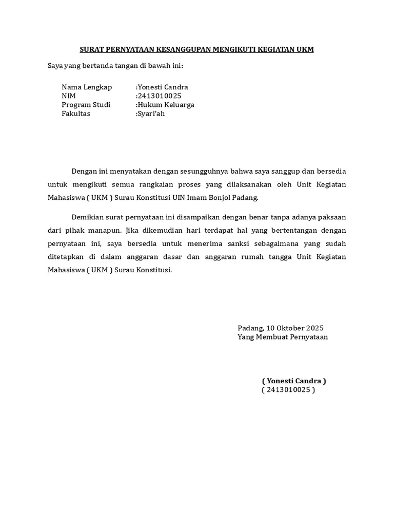 Surat Pernyataan Kesanggupan Mengikuti Kegiatan Ukm Yones | PDF