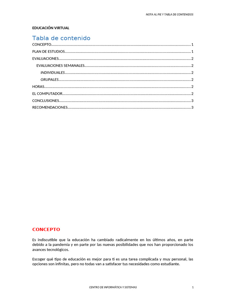 2 - Nota Al Pie y Tabla de Contenidos | PDF | Educación a distancia | Vídeo