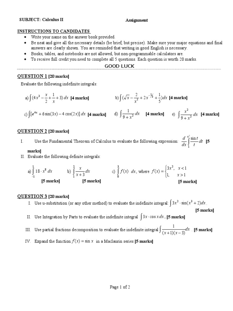 Indefinite Integral Evaluation Assignment | PDF | Integral | Sine