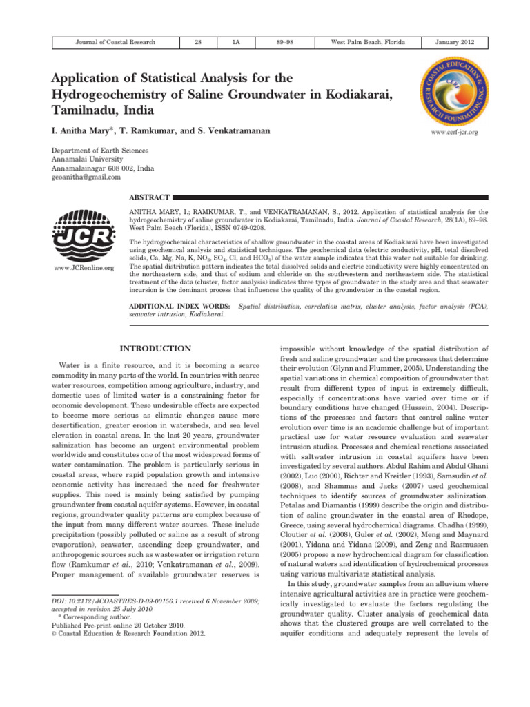 Application of Statistical Analysis For | PDF | Groundwater | Chloride