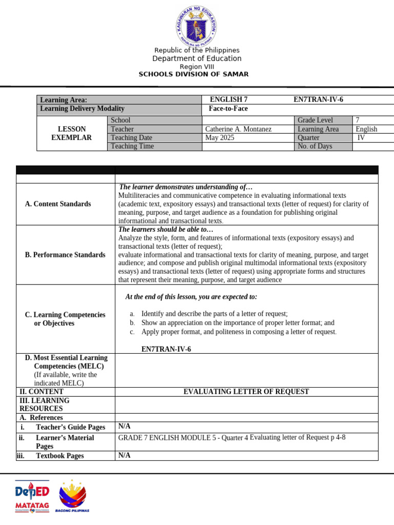 FINAL GRADE7- DETAILED LP-LETTER OF REQUEST | PDF | Human Communication | Learning
