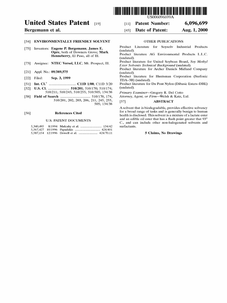 Biodegradable Solvent Patent US6096699 | PDF | Paint | Solvent