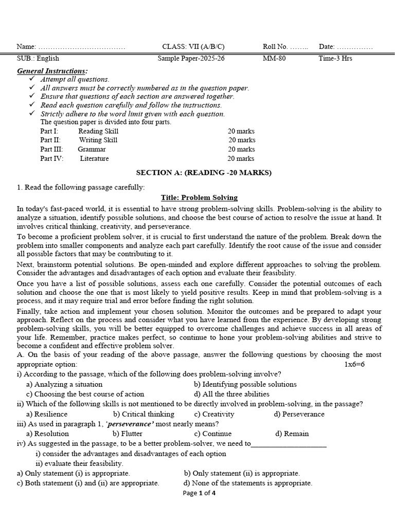 English Sample Paper for Class VII | PDF | Water Cycle | Water
