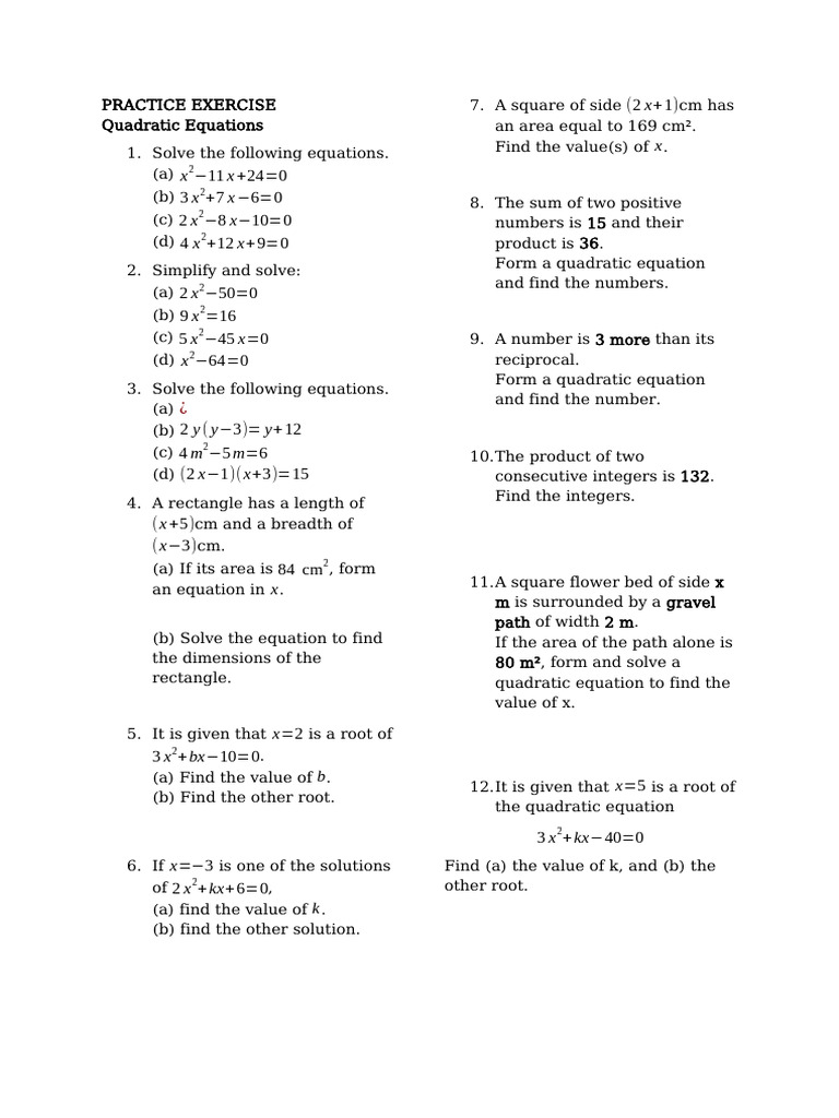 Quadratic Equations Practice Exercises | PDF
