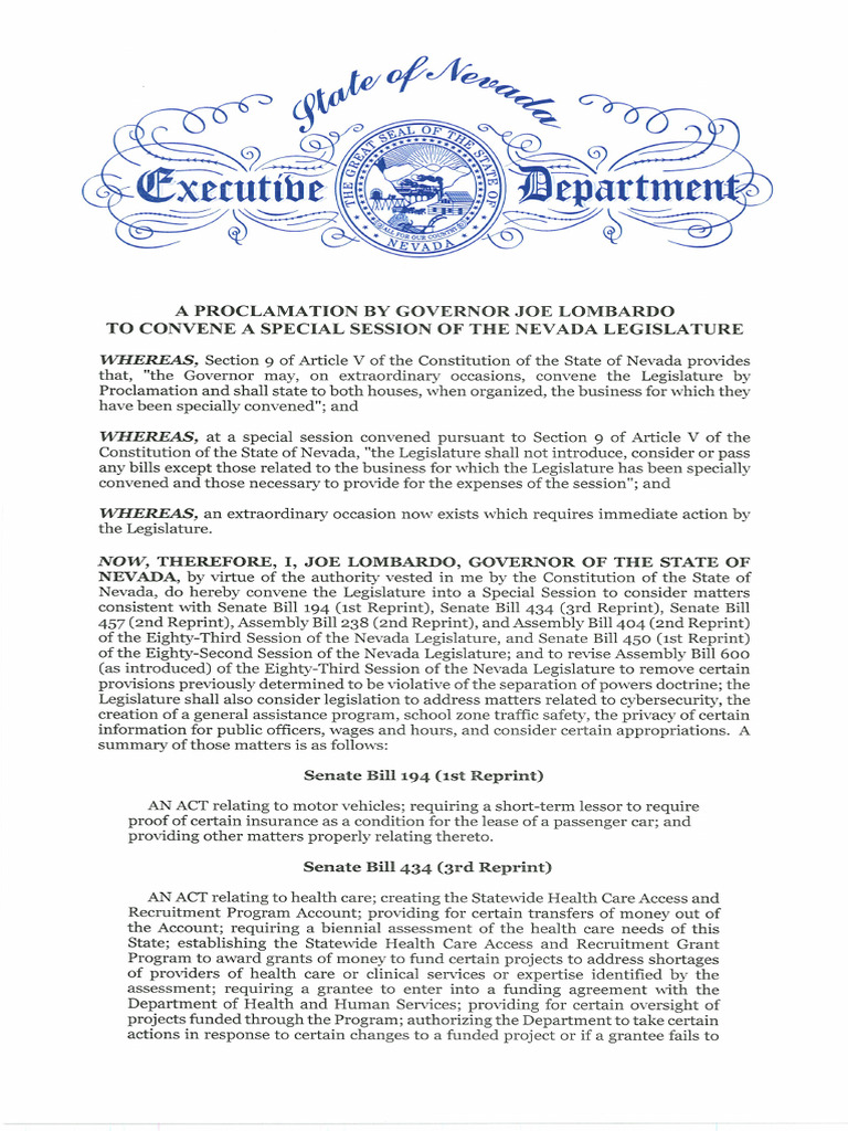 Proclamation For Special Session | PDF