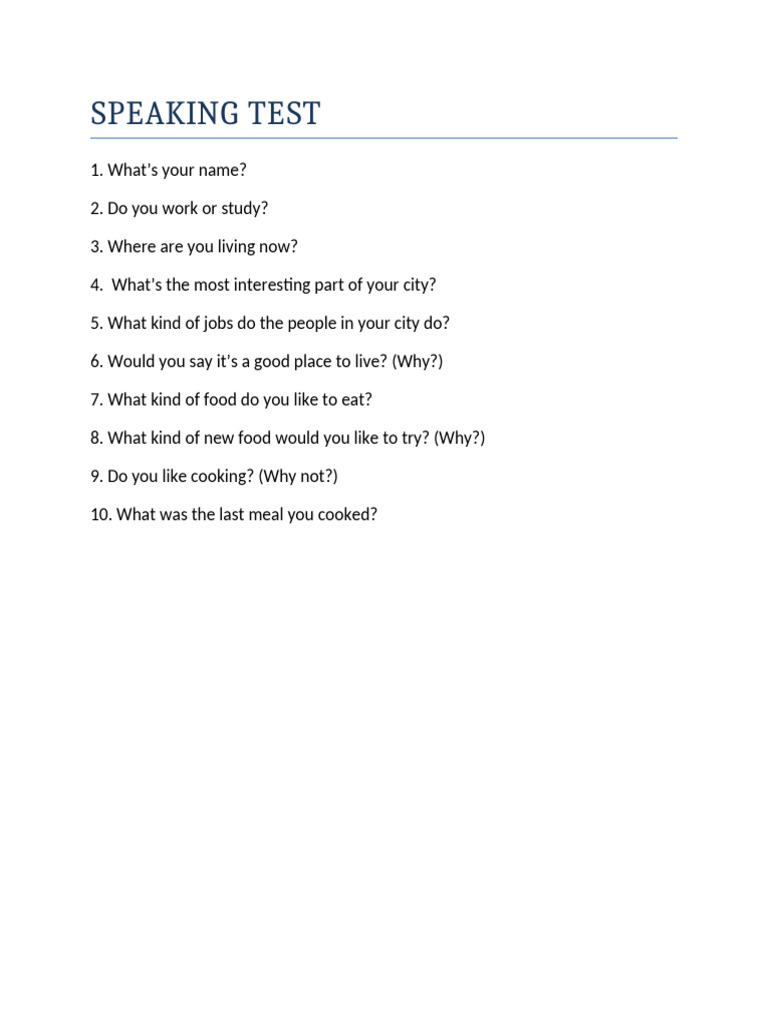 Speaking Test Questions Guide | PDF