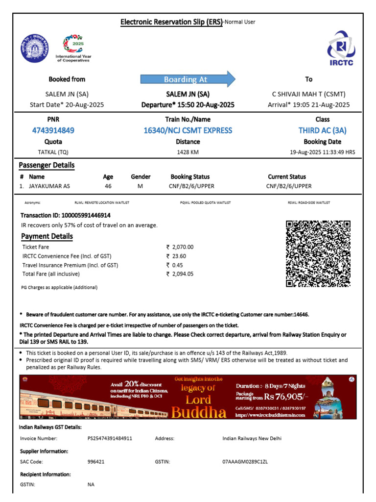 16340/Ncj CSMT Express Third Ac (3A) | PDF | Identity Document | Payments