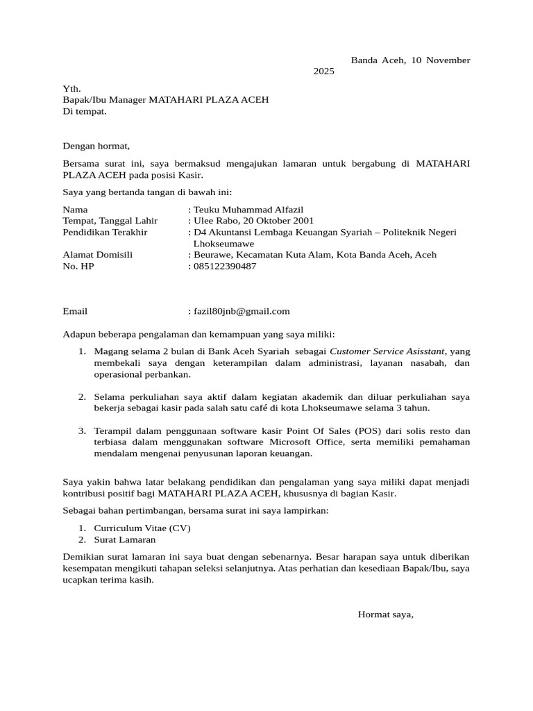 Lamaran Kerja Kasir MATAHARI PLAZA | PDF