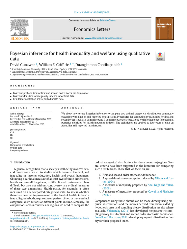 Bayesian Inference For Health Inequality and Welfare Using 2018 ...