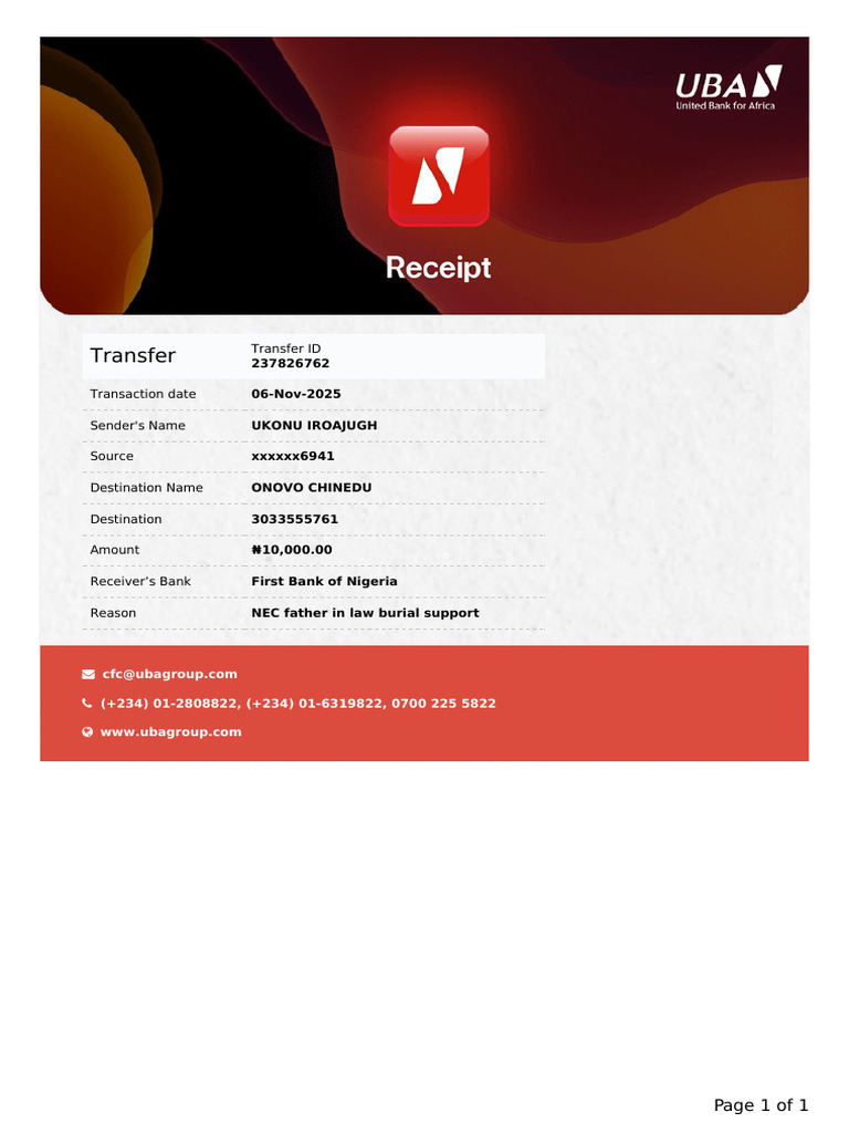 Transfer Receipt 237826762 | PDF
