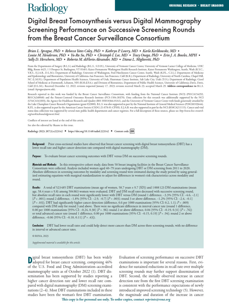 DBT vs. DM: Breast Cancer Screening Outcomes | PDF | Screening ...