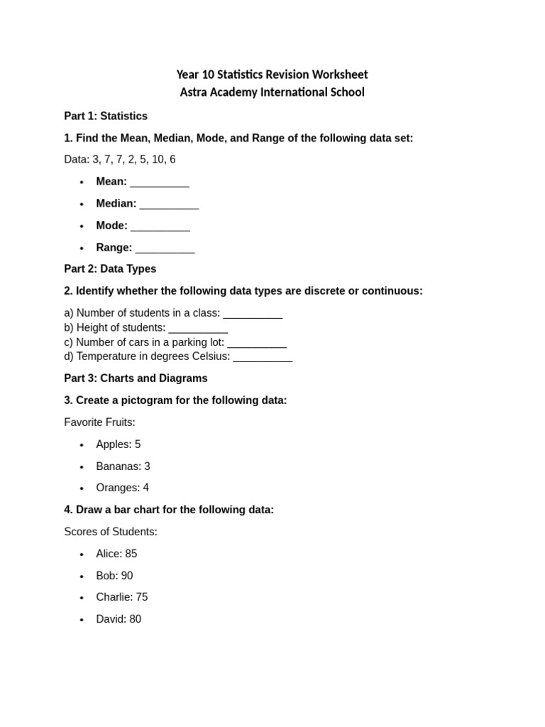 Year 10 Statistics Revision Worksheet | PDF