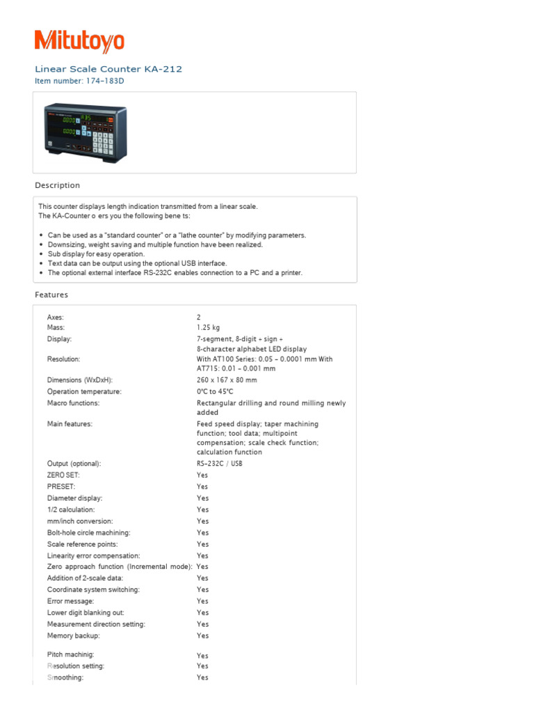 KA-212 Linear Scale Counter Features | PDF | Cartesian Coordinate ...