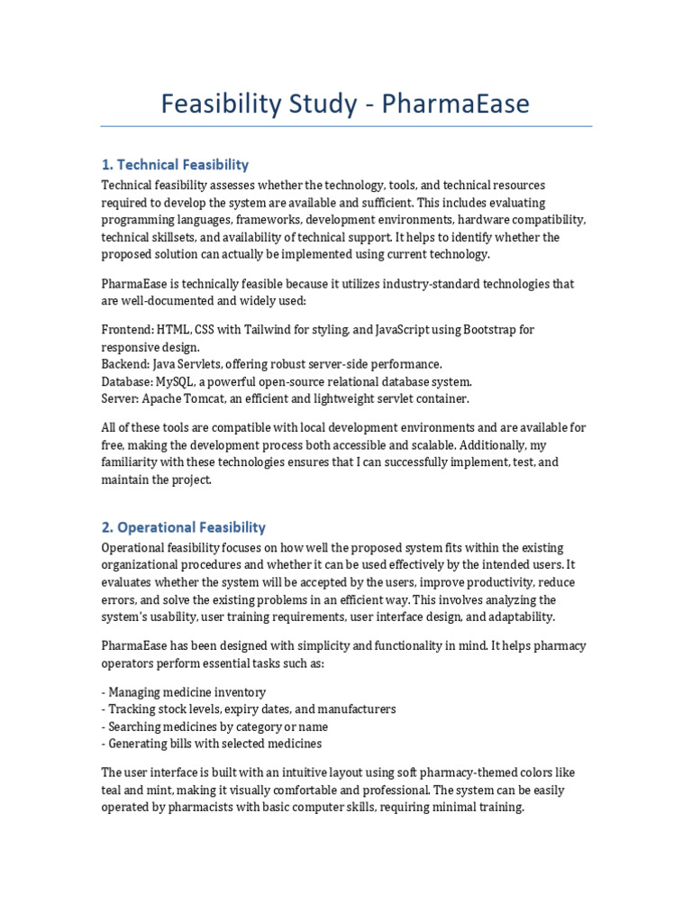 PharmaEase Feasibility Study Summary | PDF | Software | Usability