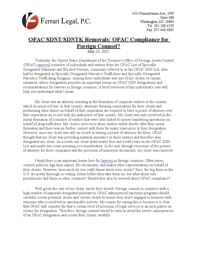 OFAC SDNT/SDNTK Removals: OFAC Compliance For Foreign Counsel? | PDF | Office Of Foreign Assets ...