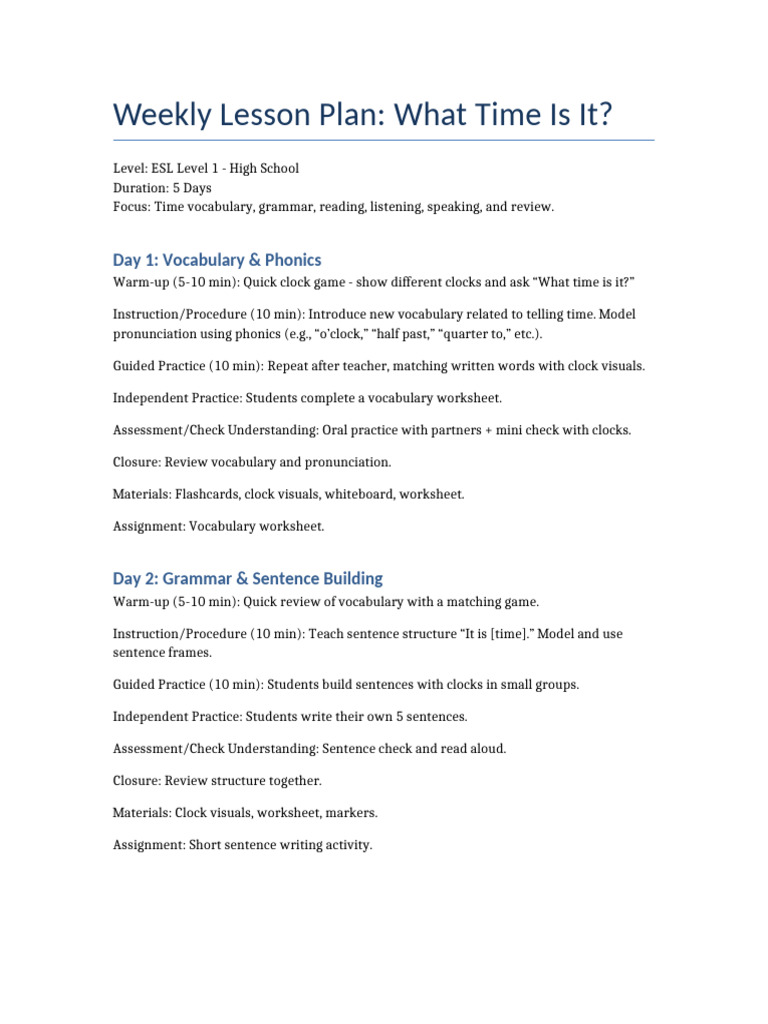 Weekly Lesson Plan What Time is It | PDF | Reading Comprehension | Phonics