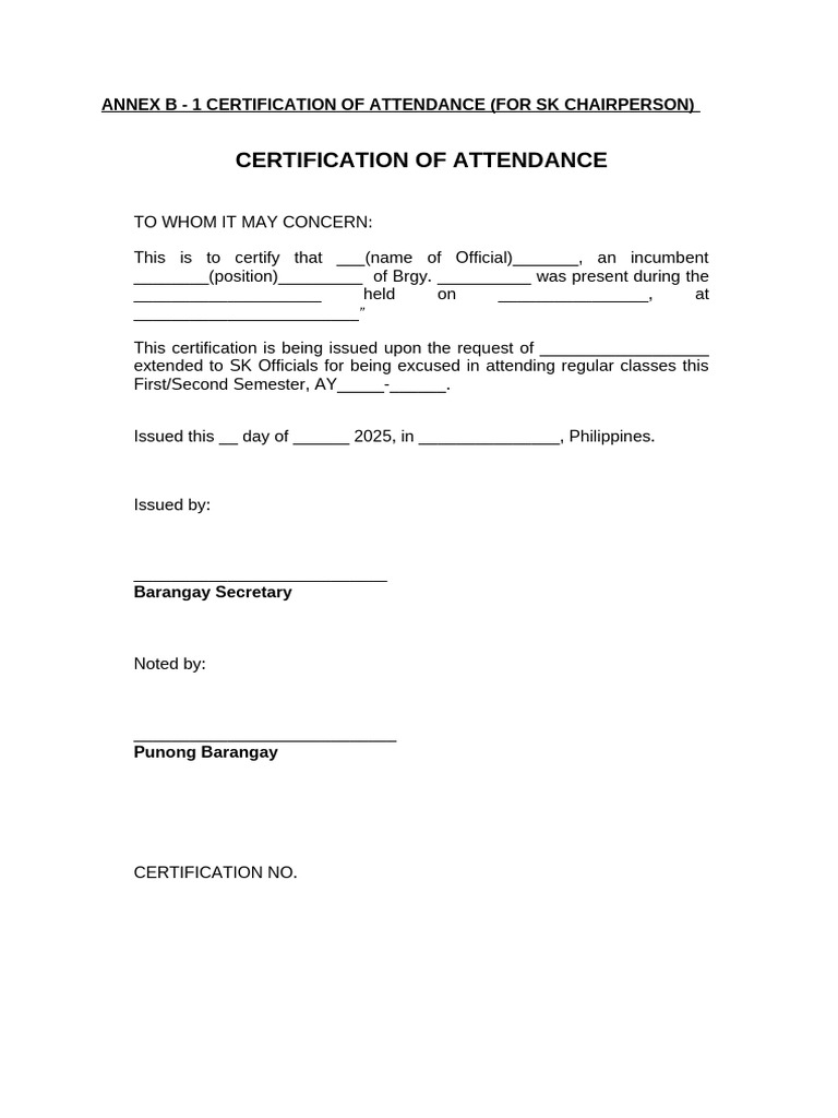 Annex B - 1 Certification of Attendance (For SK Chairperson) | PDF