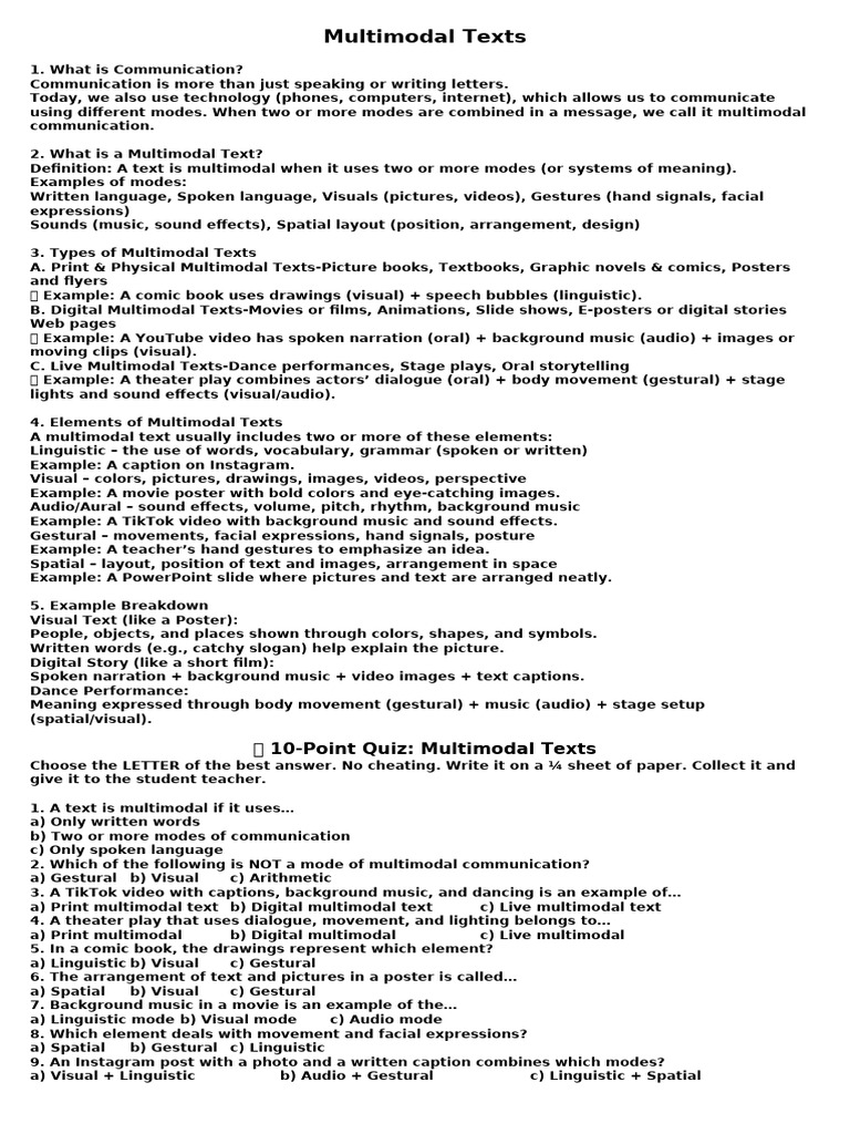 Multimodal Texts Notes and Quiz | PDF | Communication | Human Communication