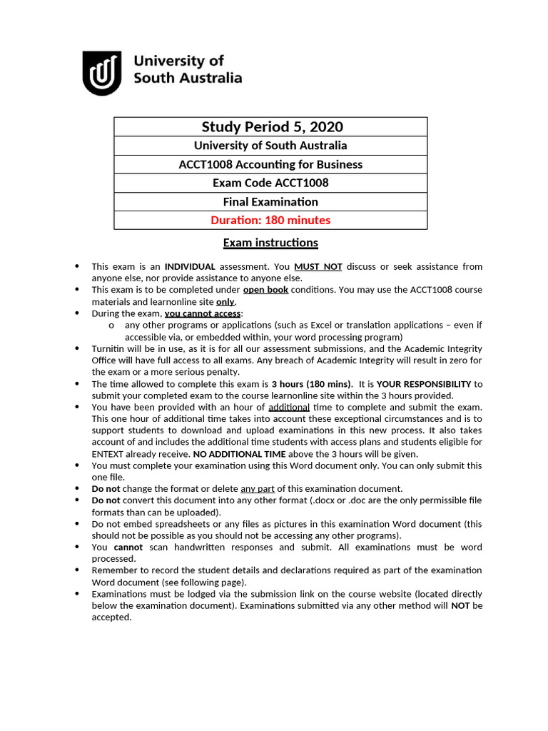Acct1008 Sp5 2020 Exam_upload | PDF | Debits And Credits | Expense