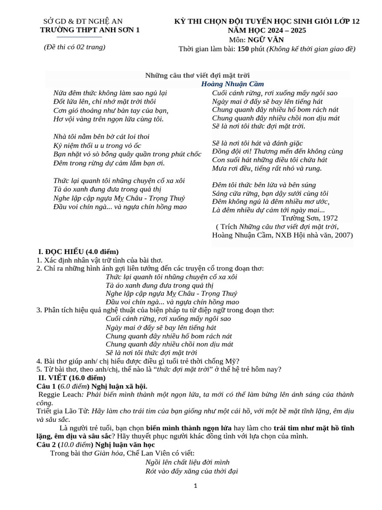Đề thi chọn HSG 12, 2024 - 2025 | PDF