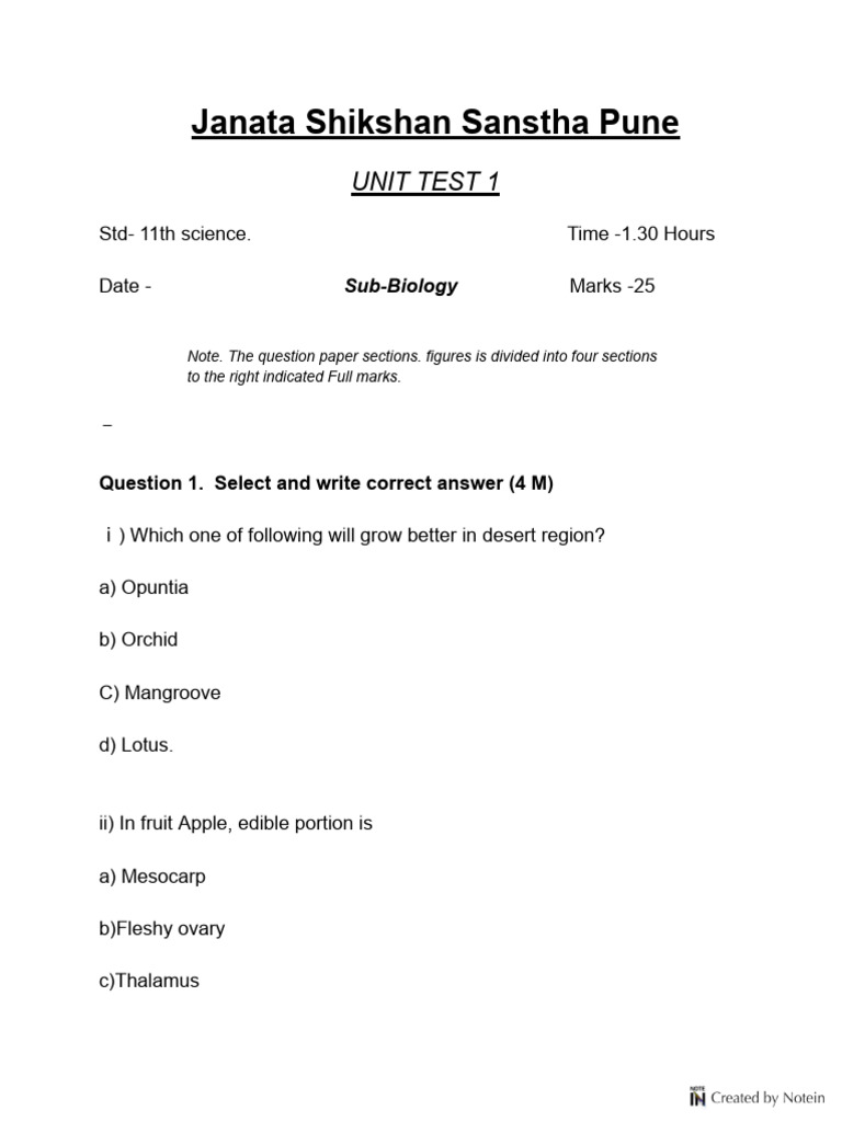 Std 11 Biology Unit Test Paper | PDF