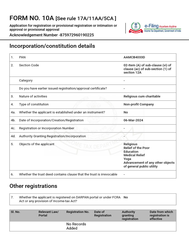 Application for Non-Profit Registration | PDF | Expense | Private Law
