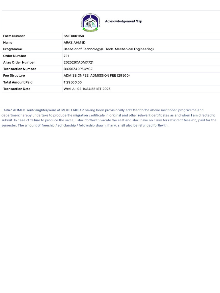 Admission Fee Slip | PDF
