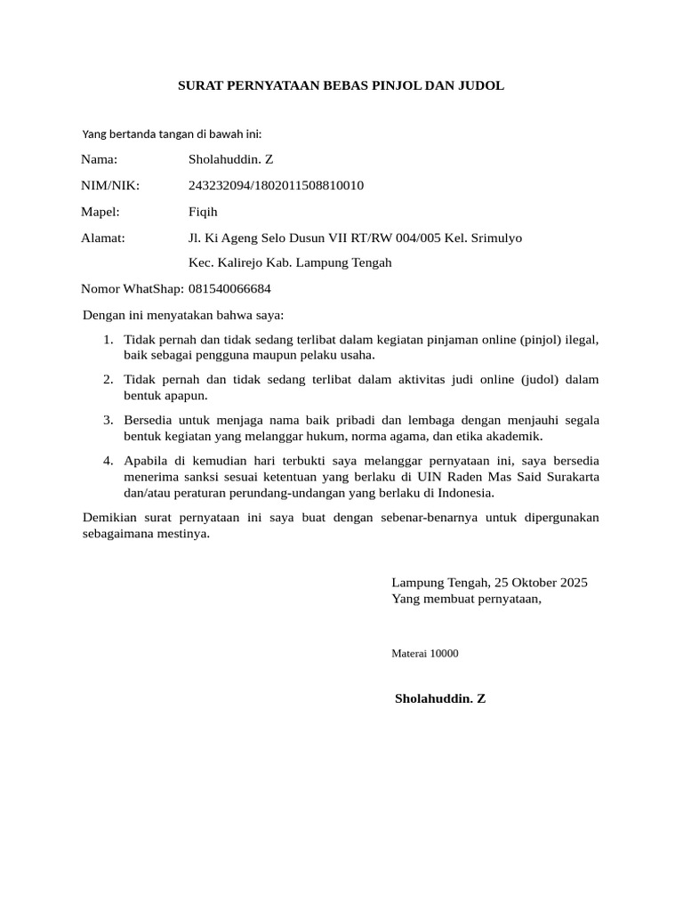 Surat Pernyataan Bebas Pinjol dan Judol | PDF
