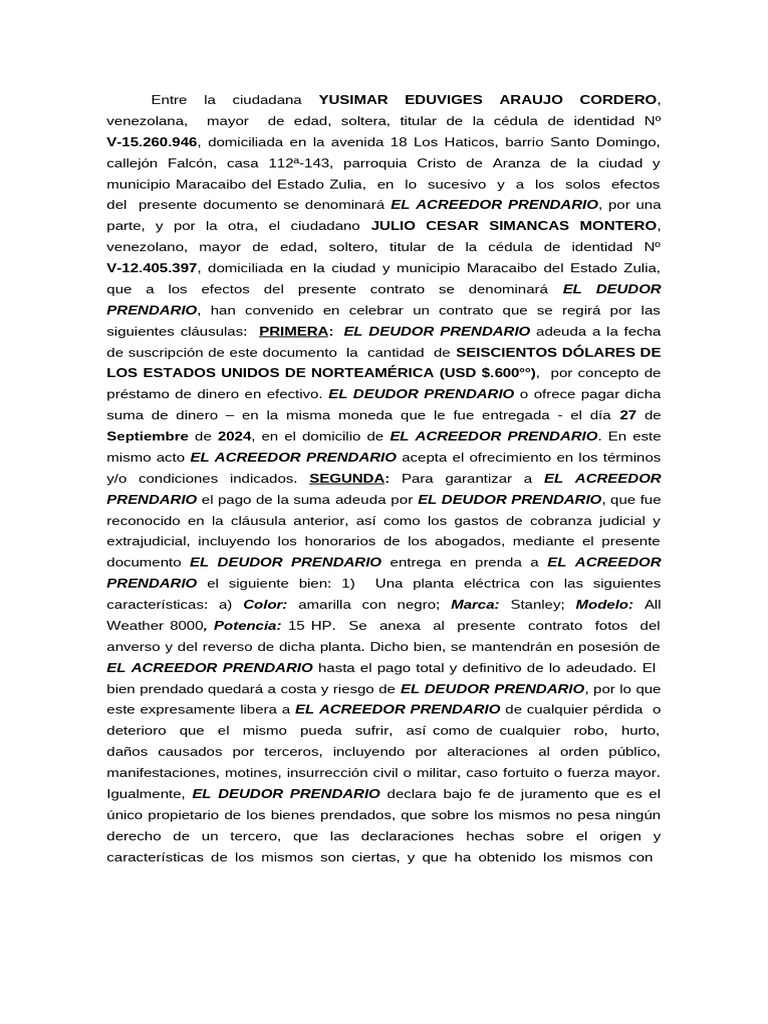 Contrato de Prenda | PDF | Pagos