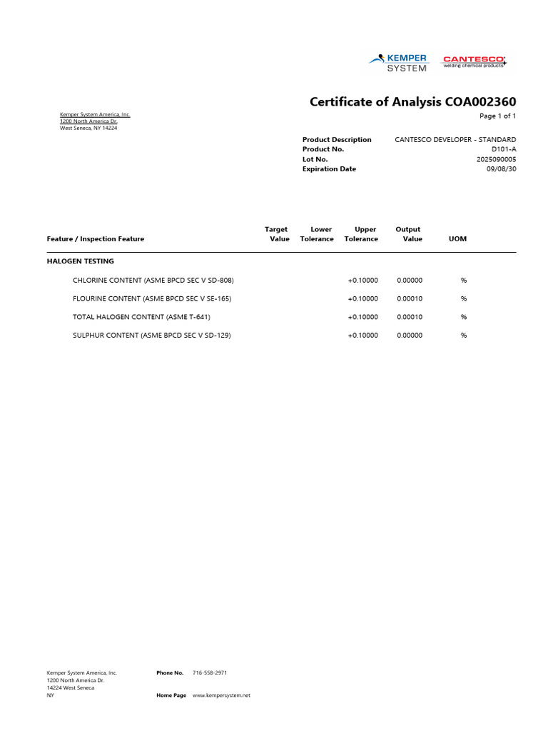 Certificate of Analysis COA002360: Product Description Product No. Lot ...