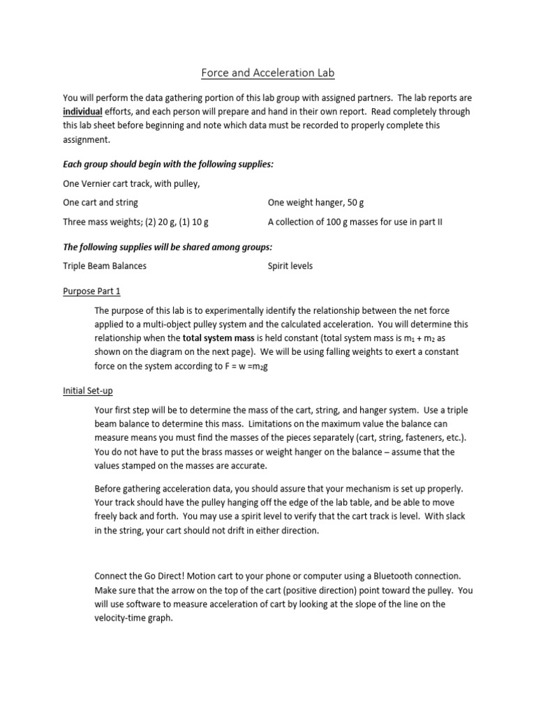 Force and Acceleration Lab Guide | PDF | Force | Velocity