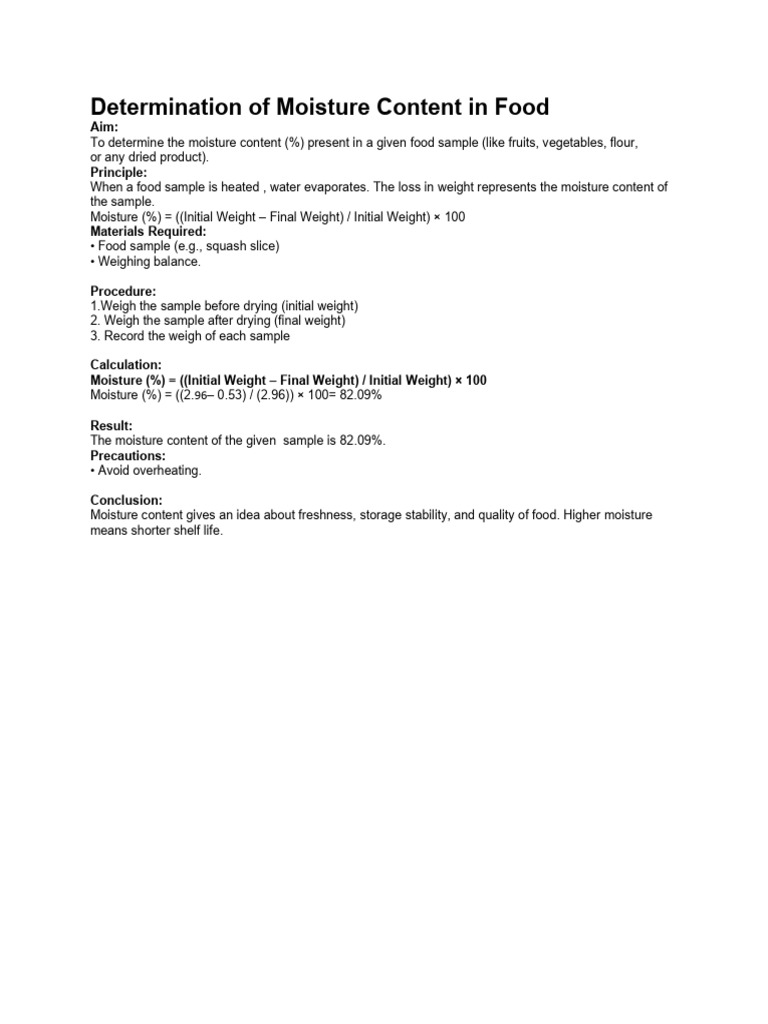 Determination of Moisture Content in Food | PDF