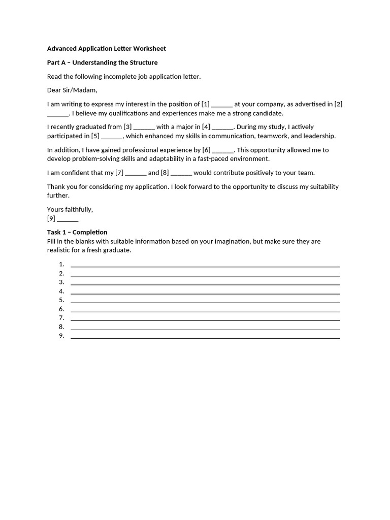 Advanced Application Letter Worksheet 0309 | PDF | Human Communication ...