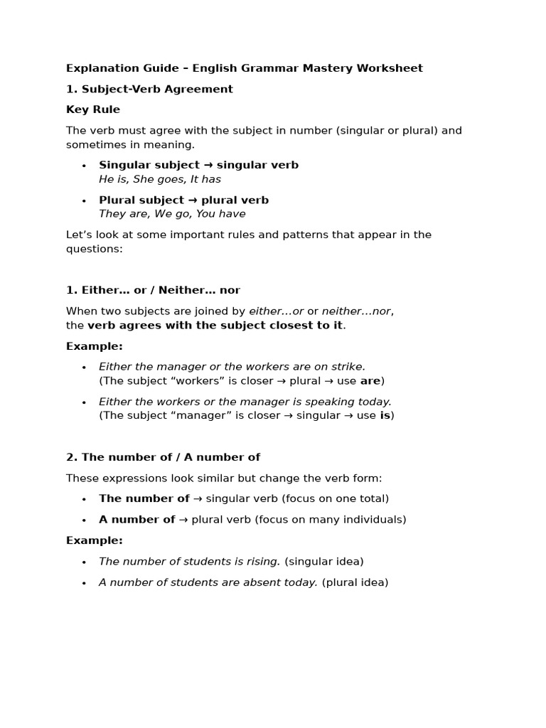 Explanation English Grammar Mastery Worksheet | PDF | Grammatical ...