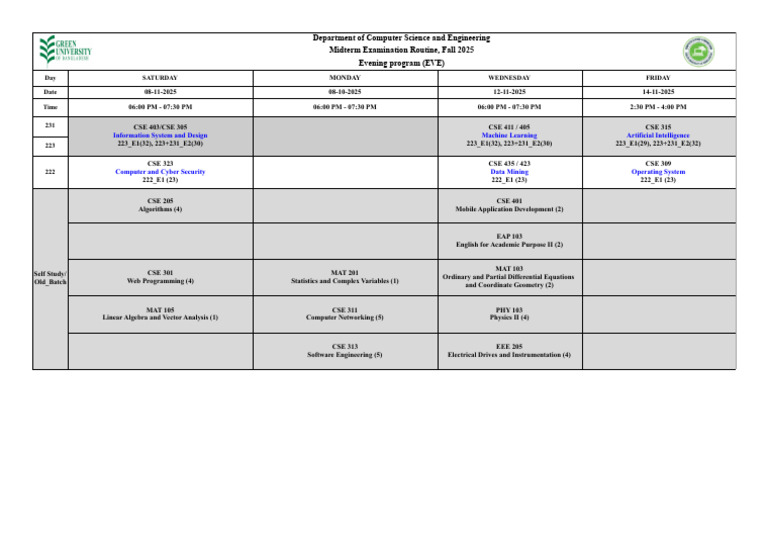 CSE (EVE) - Midterm Examination Routine, Fall 2025.xlsx - Midterm Exam ...