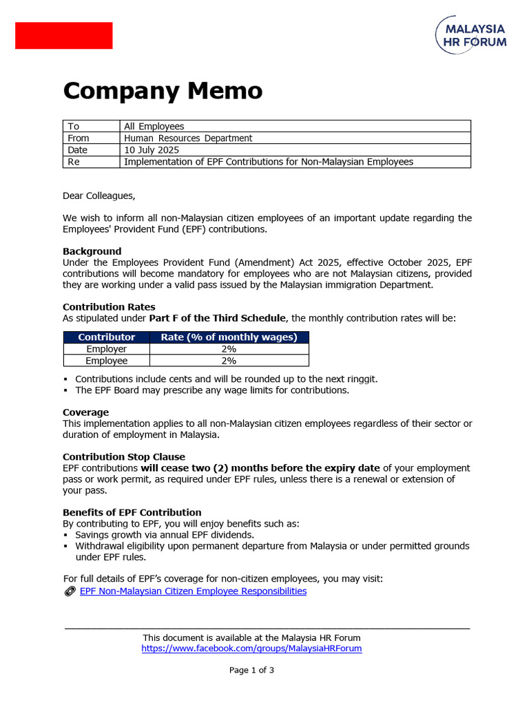 EPF Contribution For Non-Malaysian Citizen Employees (Sample Memo) | PDF | Business