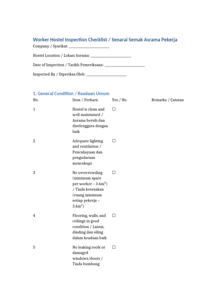Worker Hostel Inspection Checklist English BM | PDF