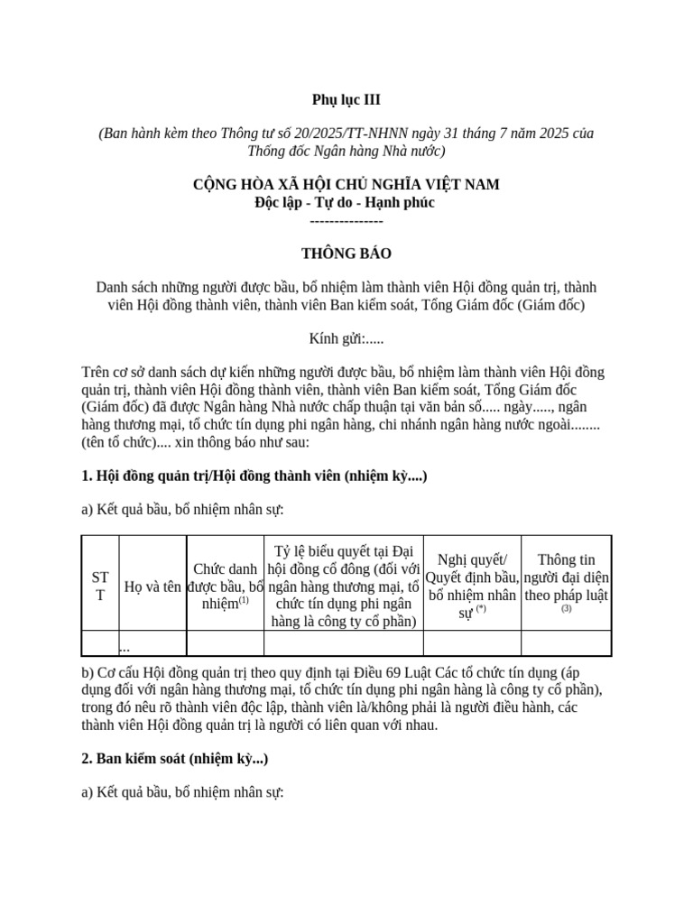 Phu Luc III 20 2025 TT NHNN | PDF
