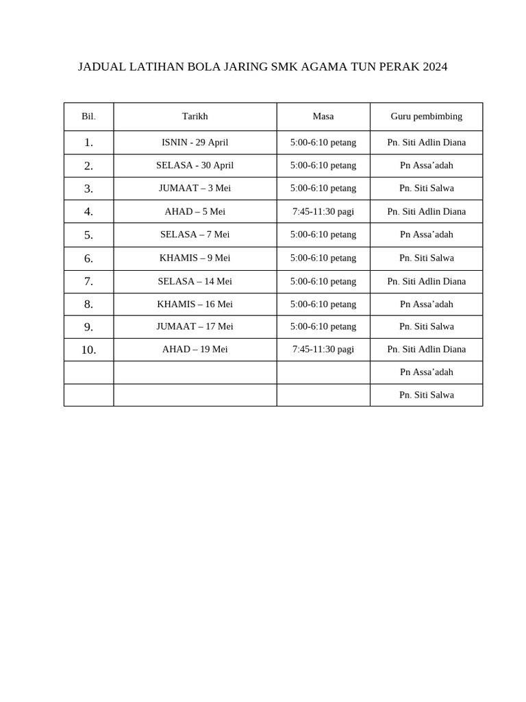 Jadual Latihan Bola Jaring Smkatp 2024 - Auss | PDF