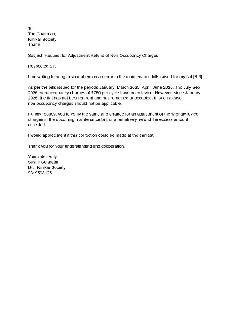 Request for Non-Occupancy Charge Refund | PDF