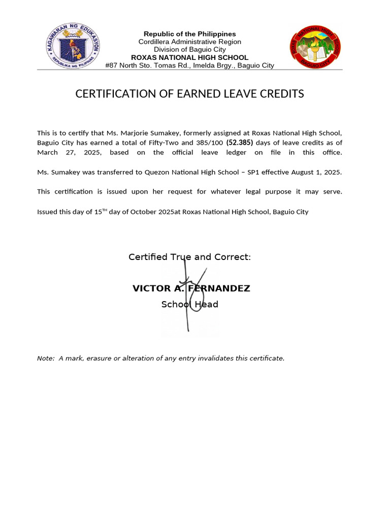 Certification of Leave Credits for Ms. Sumakey | PDF